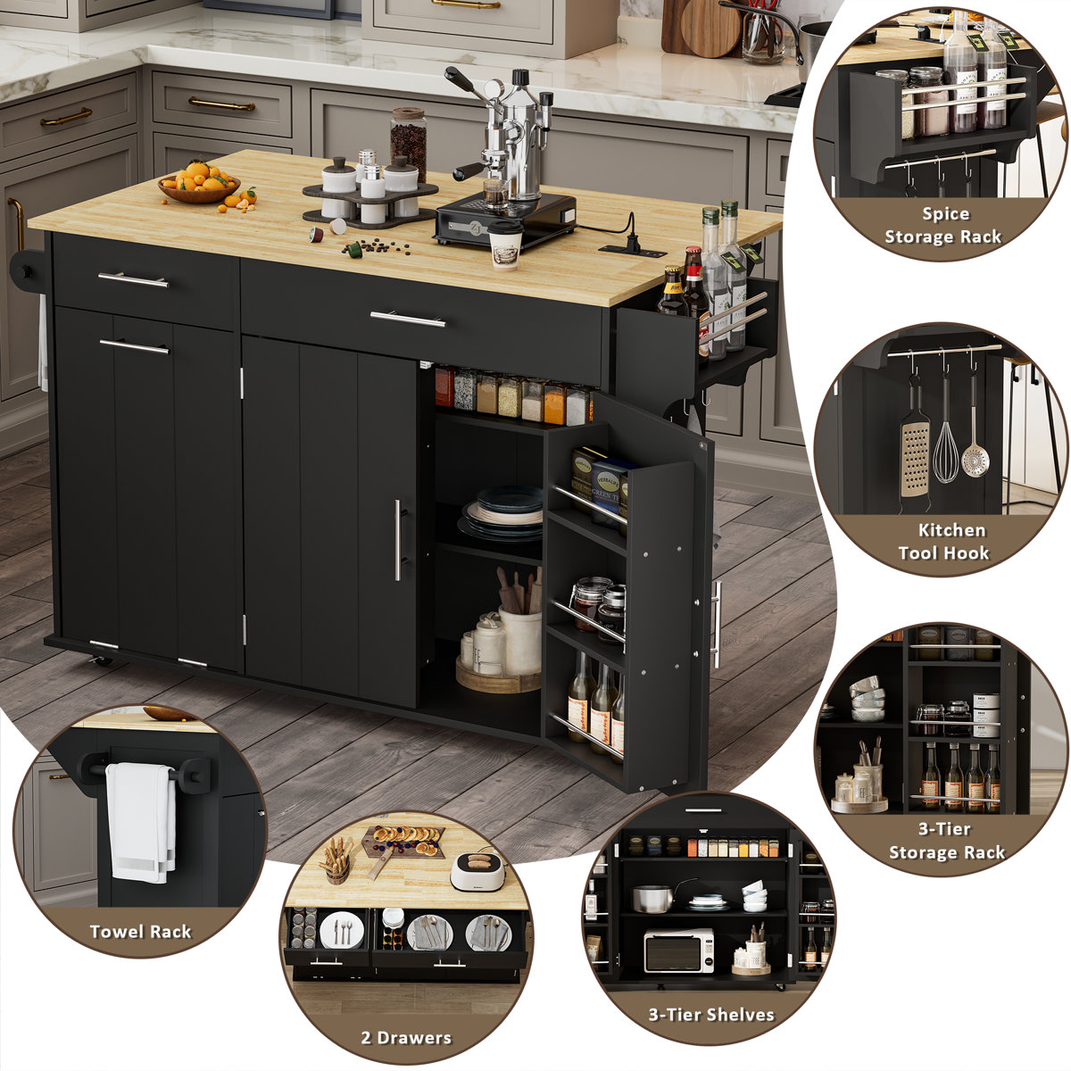Winston Porter Rolling Kitchen Island With Power Outlet & Drop Leaf, Mobile Kitchen Island Cart ...